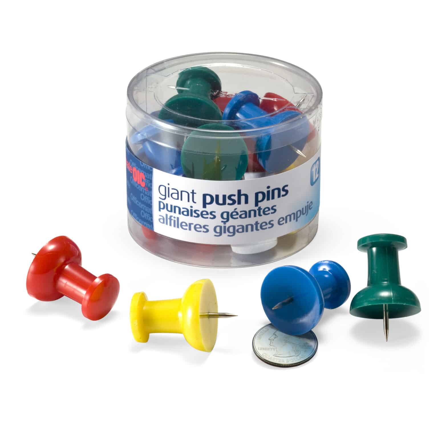 Giant Push Pins, 1.5 in w .434in Pins, Tub of 12 - Office Garner